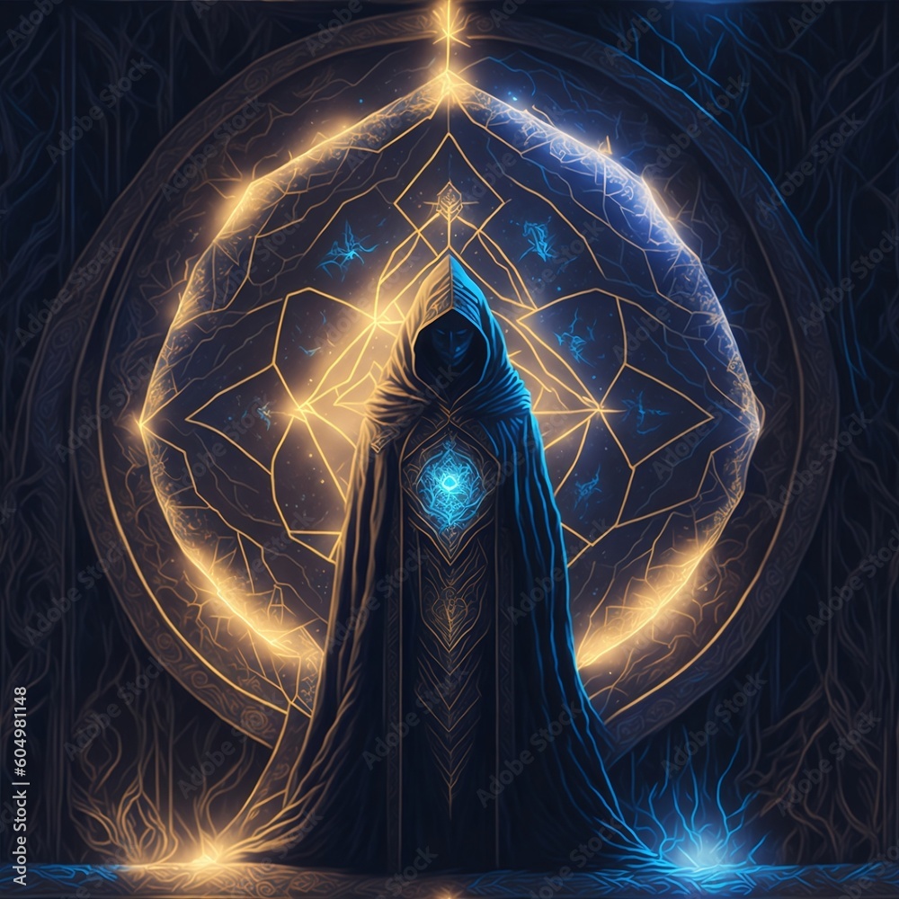 A cloaked figure with a hood and veil stands in front of a glowing ...