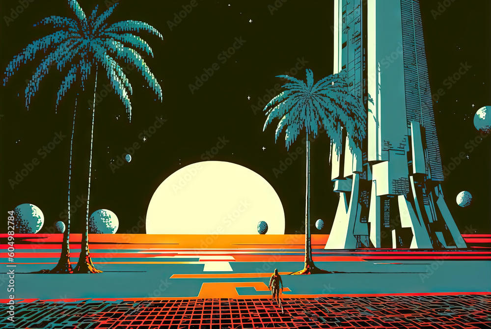 Retrofuturistic landscape in 80s sci-fi style. Retro science fiction ...