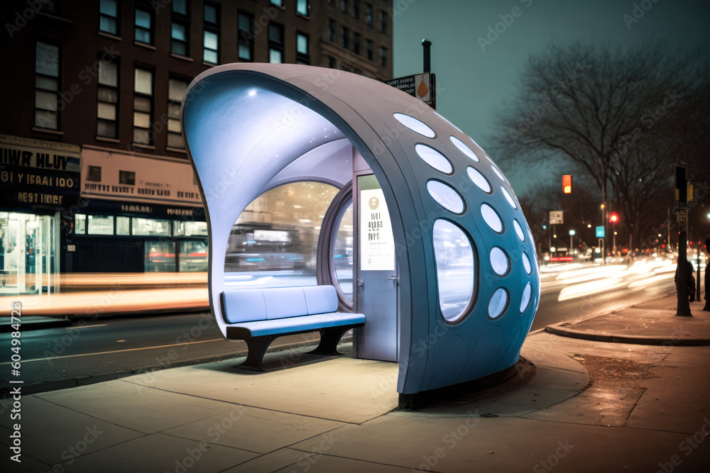 ภาพประกอบสต็อก Generative AI Illustration of A futuristic bus stop in ...