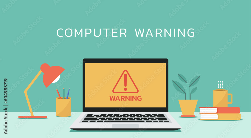 computer warning sign notification alert on laptop screen, vector flat ...