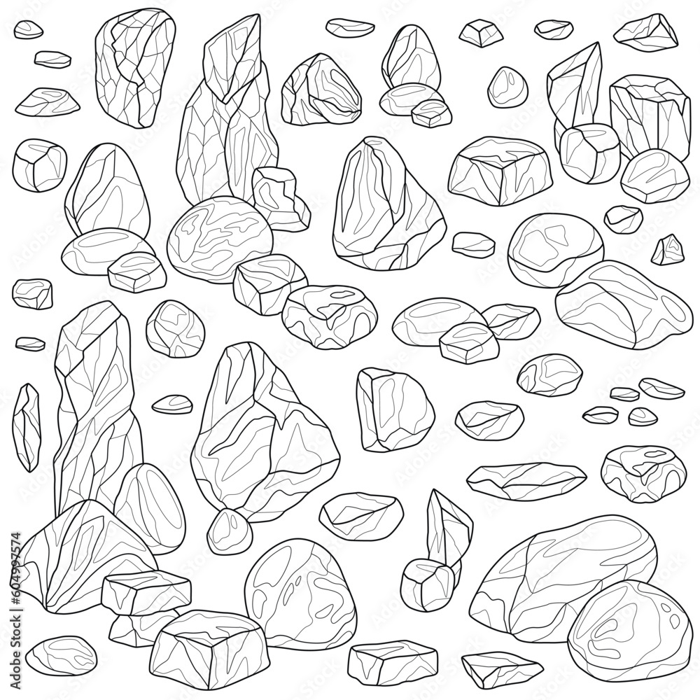 Stones set.Black and white outline illustration.Illustration isolated ...