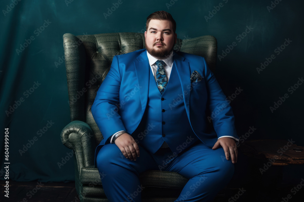 A fat handsome middle-aged man in a blue suit and a white shirt sits in ...