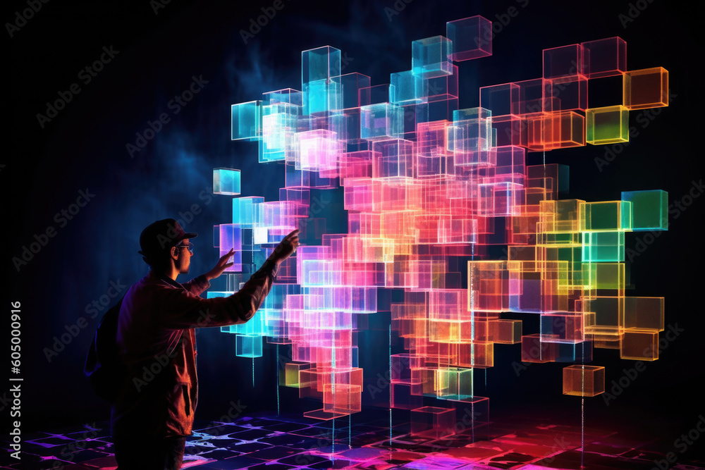 Person walking in digital world. Human silhouette lost in futuristic ...