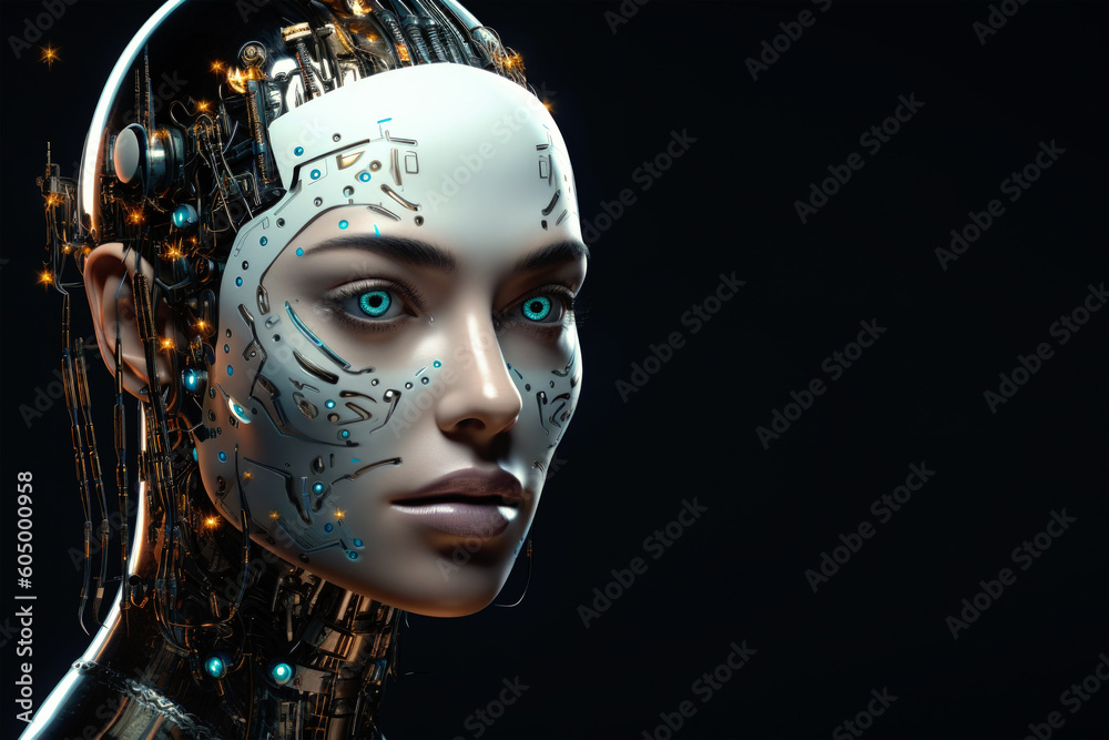 Female android face on dark background. Artificial intelligence concept ...