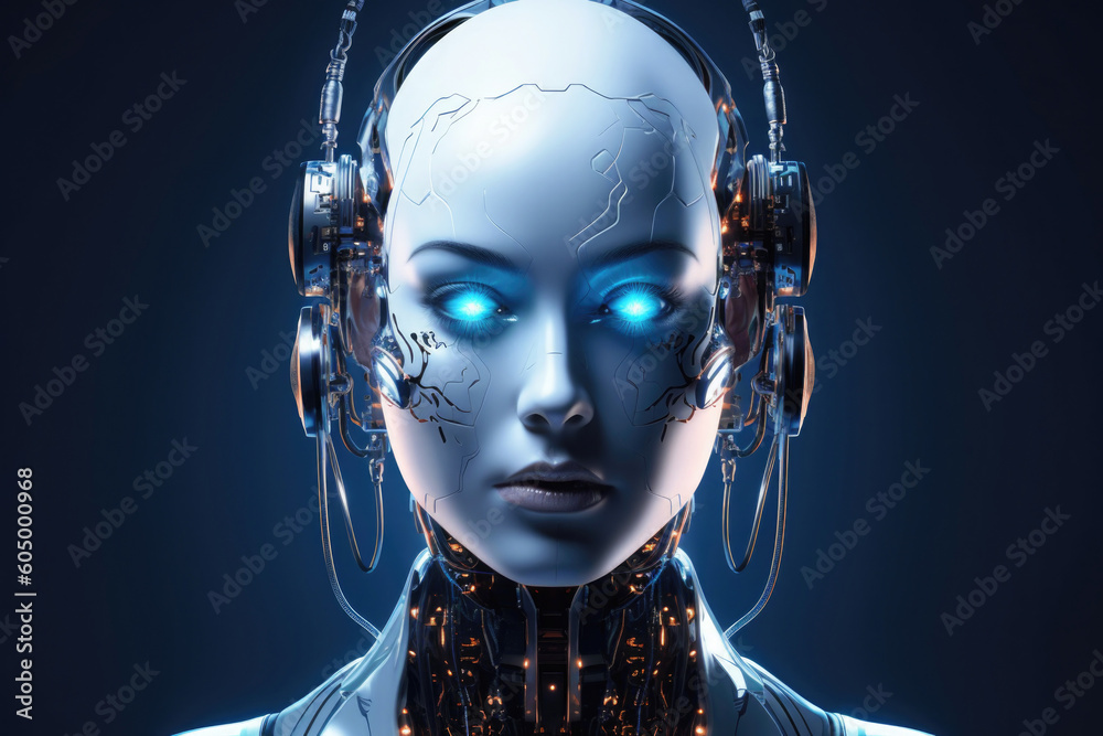 Female android face on dark background. Artificial intelligence concept ...