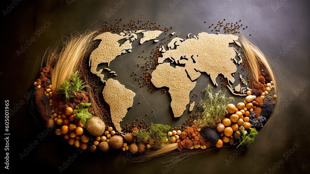 Artistic arrangement of various seeds and saplings in the form of globe ...