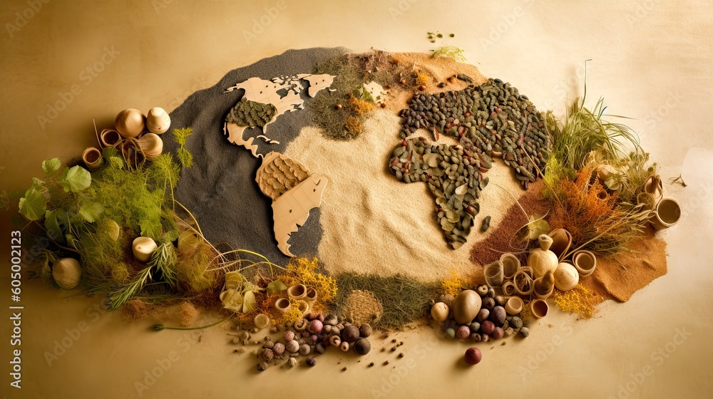 Artistic arrangement of various seeds and saplings in the form of globe ...