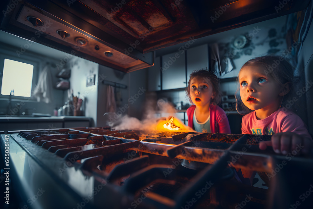 Children play on the gas burner stove ignited in the kitchen, fright ...