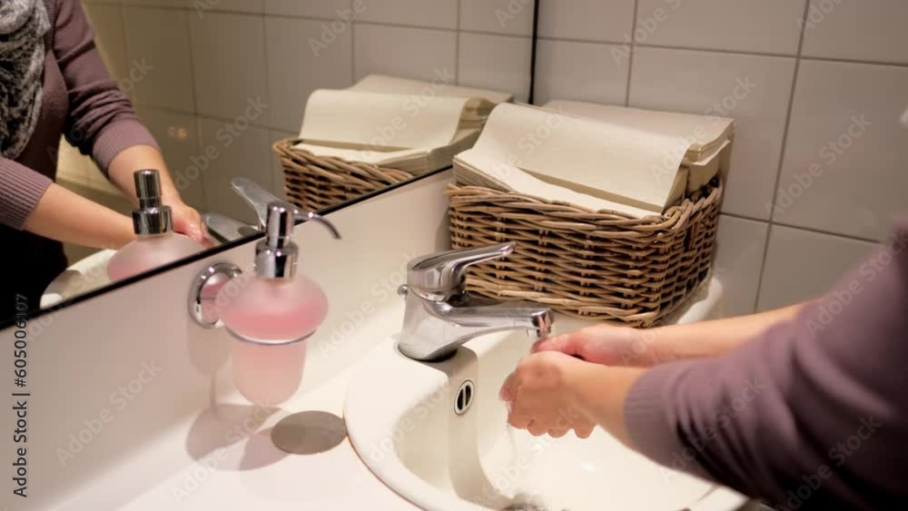close-up female hand in toilet room, washing hands under running water ...
