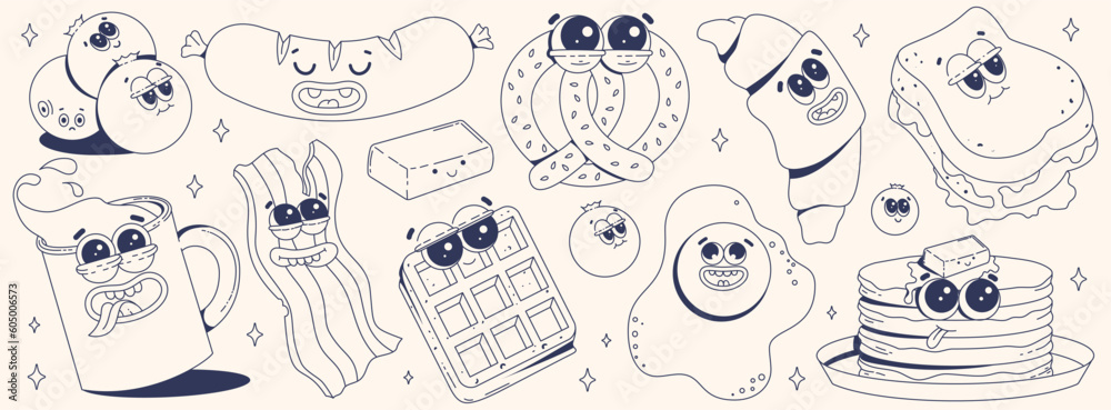 Trendy sticker set with funky food characters. Branding mascots for ...