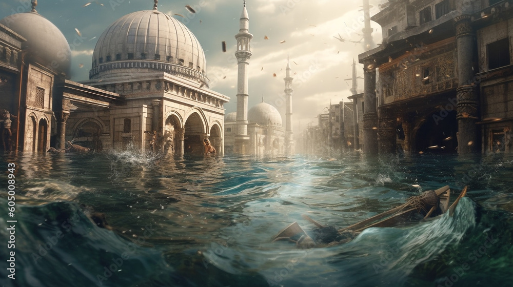 An art composition of a flooded old European city in dark tones. Art ...