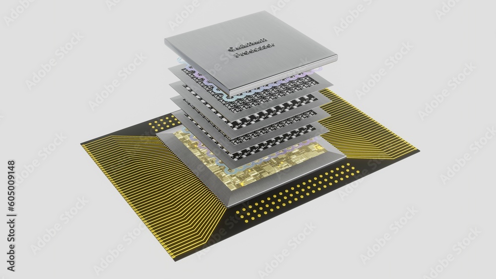 Quantum processor concept with quantum qubits circuit boards in layers ...