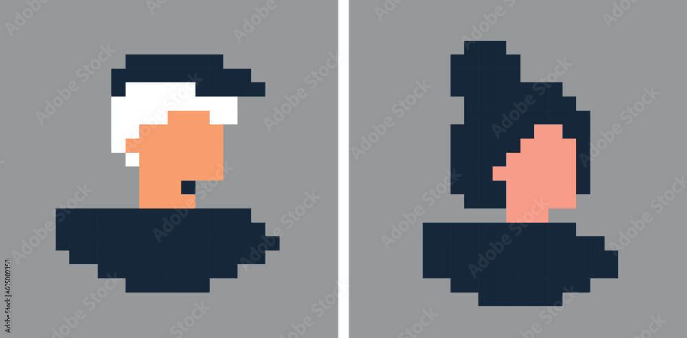Pixel art man and woman characters on white banner background. Multi ...