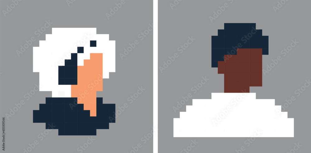 Pixel art man and woman characters on white banner background. Multi ...