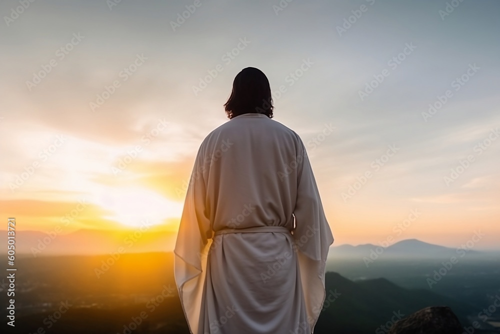 Back view of Jesus Christ looking and praying to God, praying for us ...