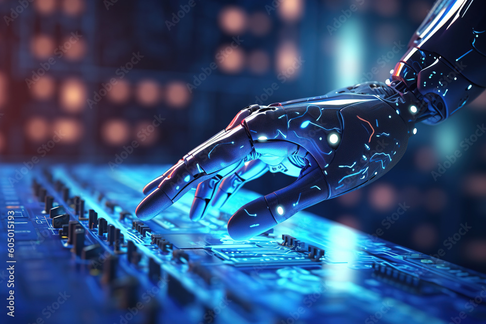 Robot hand typing on the computer. The concept of artificial ...