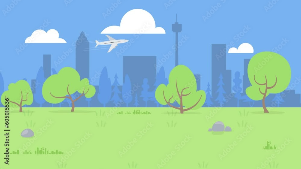 2d animation explainer background with sun, clouds, ocean, buildings ...