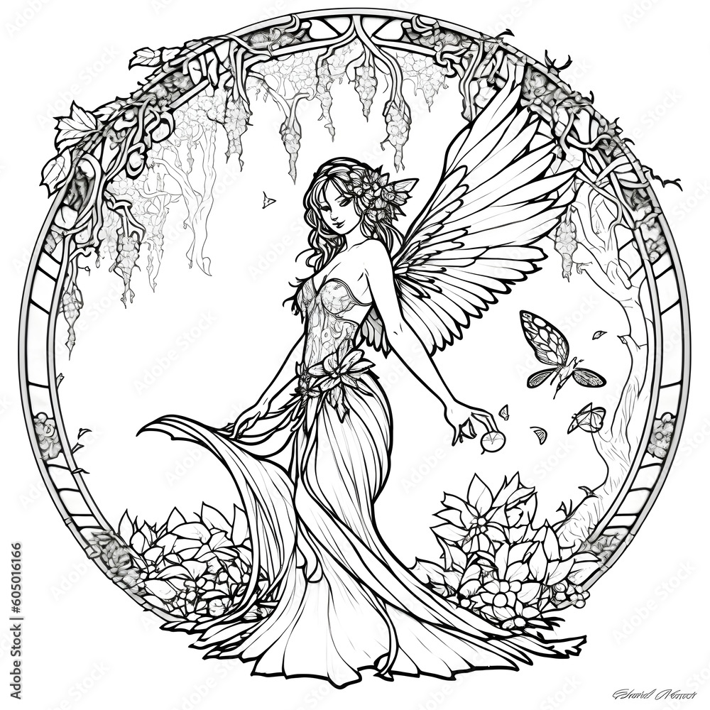 black outline white image of a exotic fairy by a zantagle tree of life ...