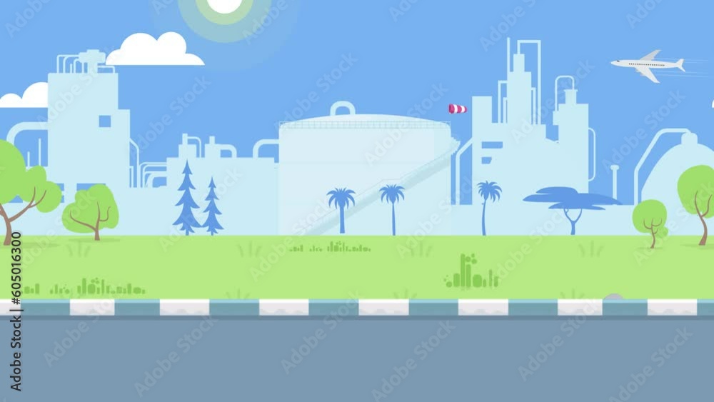 2d animation explainer background with sun, clouds, ocean, buildings ...