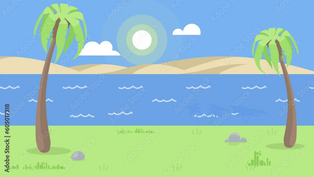 2d animation explainer background with sun, clouds, ocean, grass ...