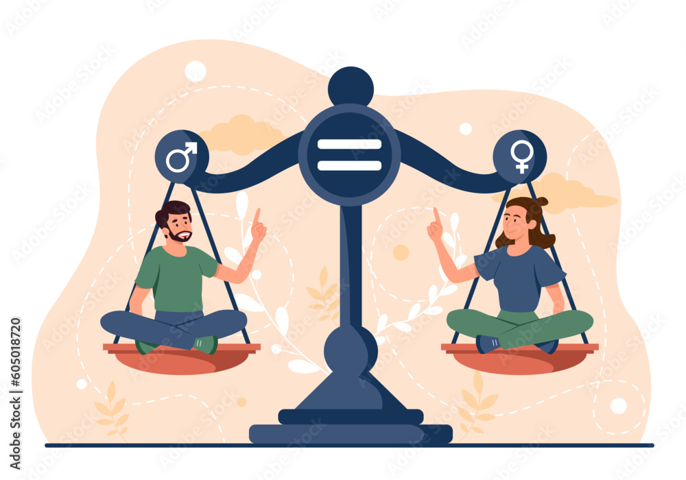 Gender equality concept. Man and woman sit on scales. Tolerance and ...