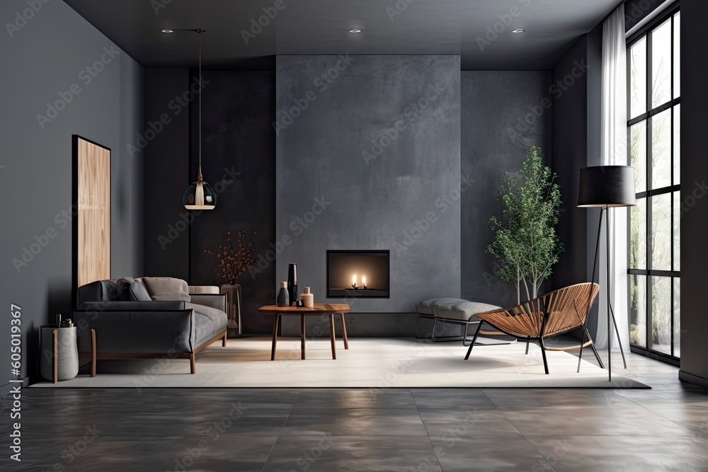 Interior of a dark grey living room with a fireplace, three armchairs ...