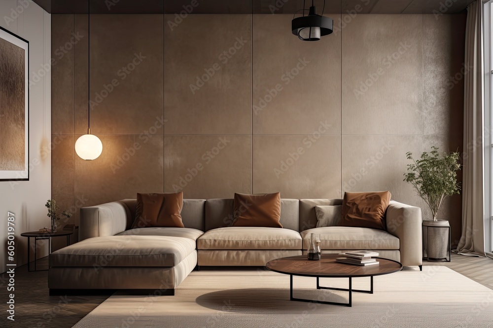 Interior of a contemporary living room with a couch covered in fabric ...