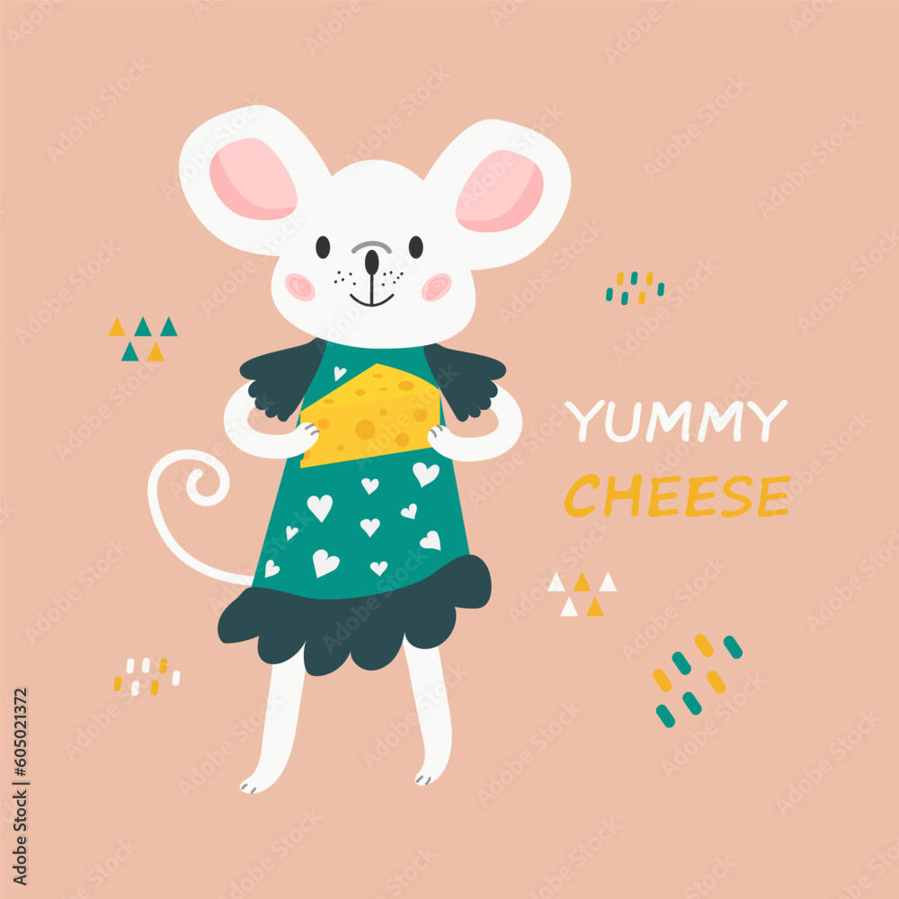 Cute mouse holding cheese. Cartoon vector illustration with white mouse ...