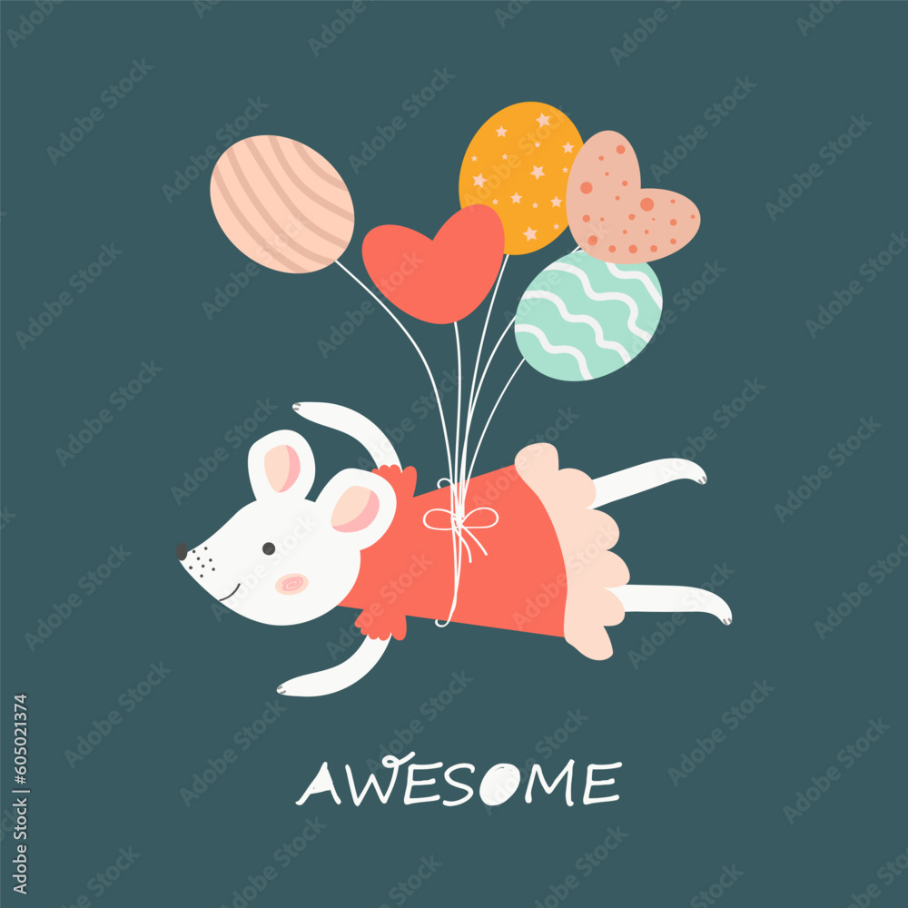 Cute mouse flies on balloons. Cartoon vector illustration with a white ...