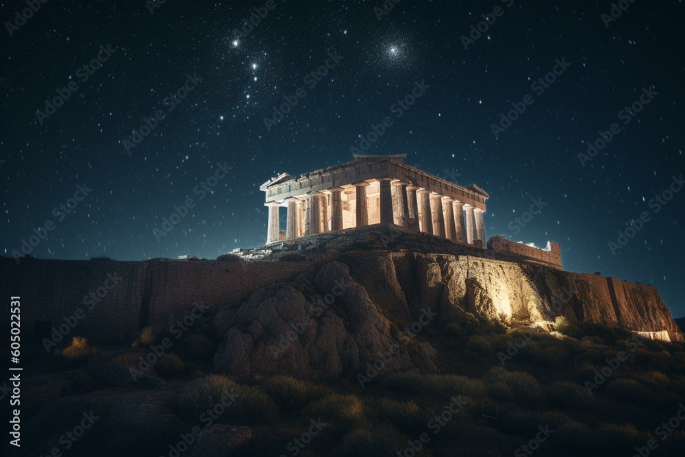 Ancient Parthenon in Athens under starry sky. NASA elements. Top ...