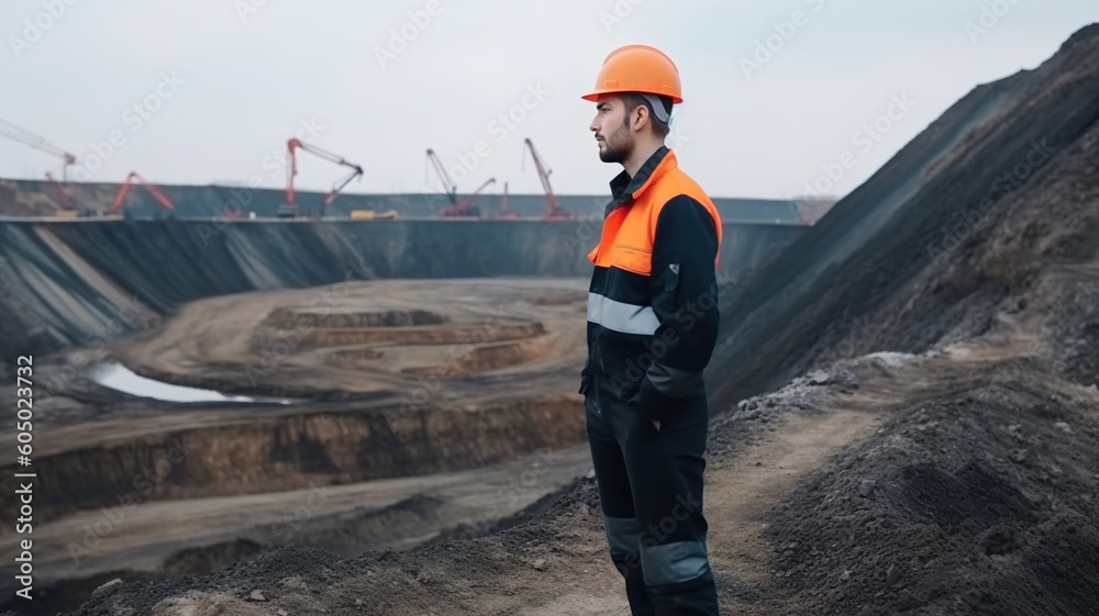 Engineer stands in front of Open Mining Pit, Coal Mine Panorama ...