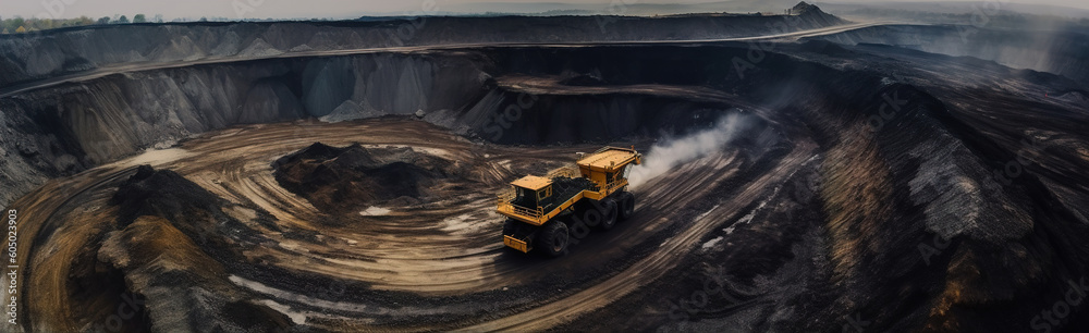 Coal Mine Aerial Panorama: Heavy Machinery in Operation, Open Pit ...