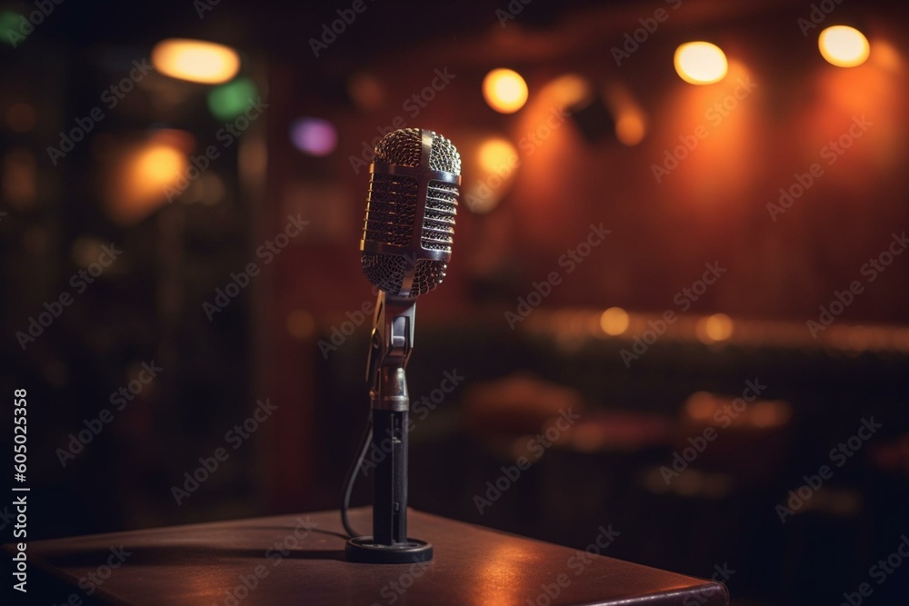 Vintage mic on blurry stage background, nightclub concert. Generative ...
