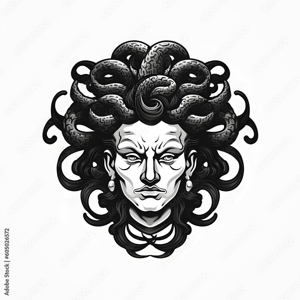 real gorgon head logo, minimalized, vector, black and white, white ...
