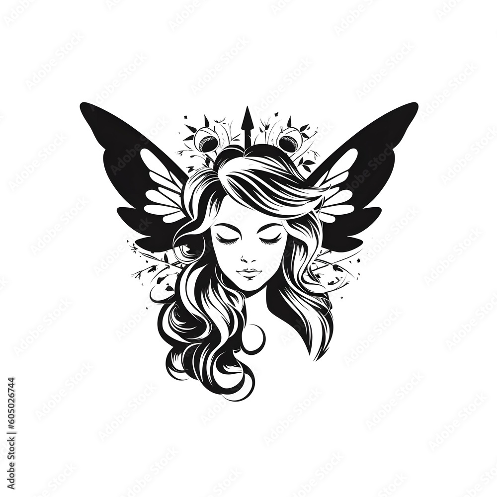real fairy head logo, minimalized, vector, black and white, white ...