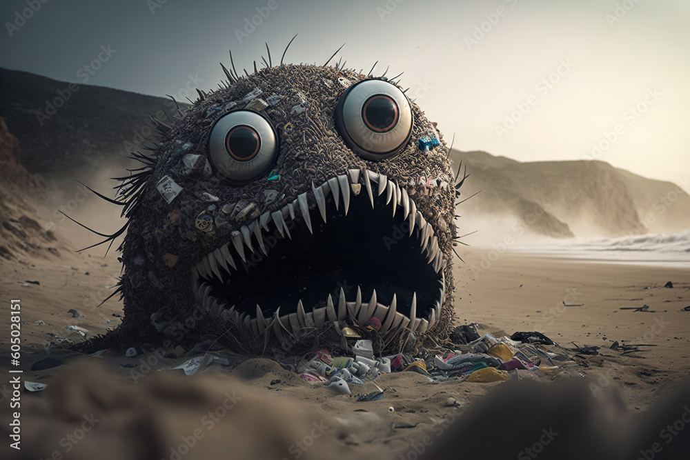 Scary ugly monster made of garbage lies on a dirty beach, created with ...