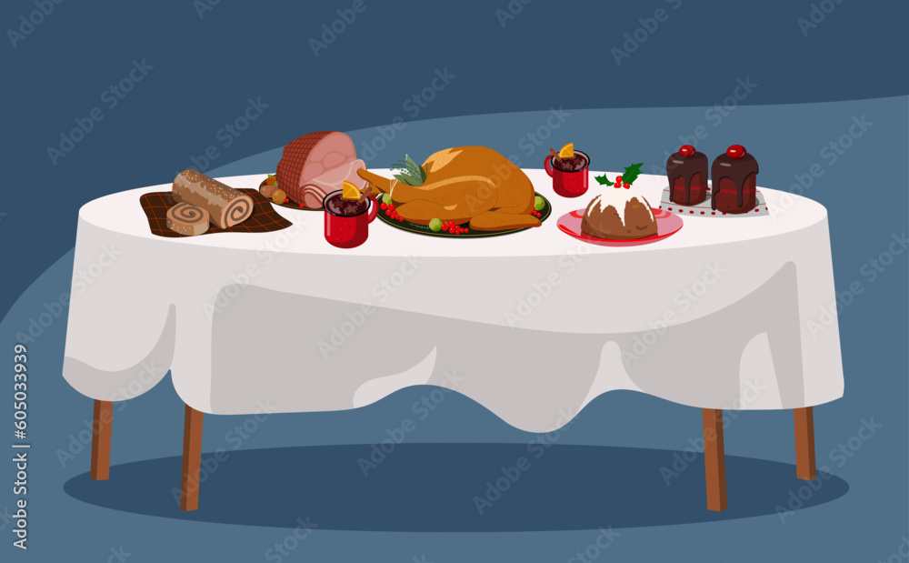 Festive food table. Variety of dishes, desserts and drinks in glasses ...