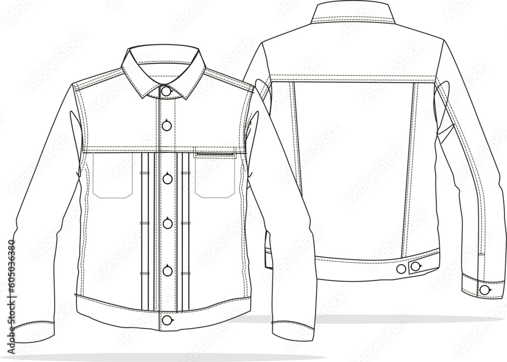 Denim Jacket Design Flat Sketch Illustration Front And Back View Vector
