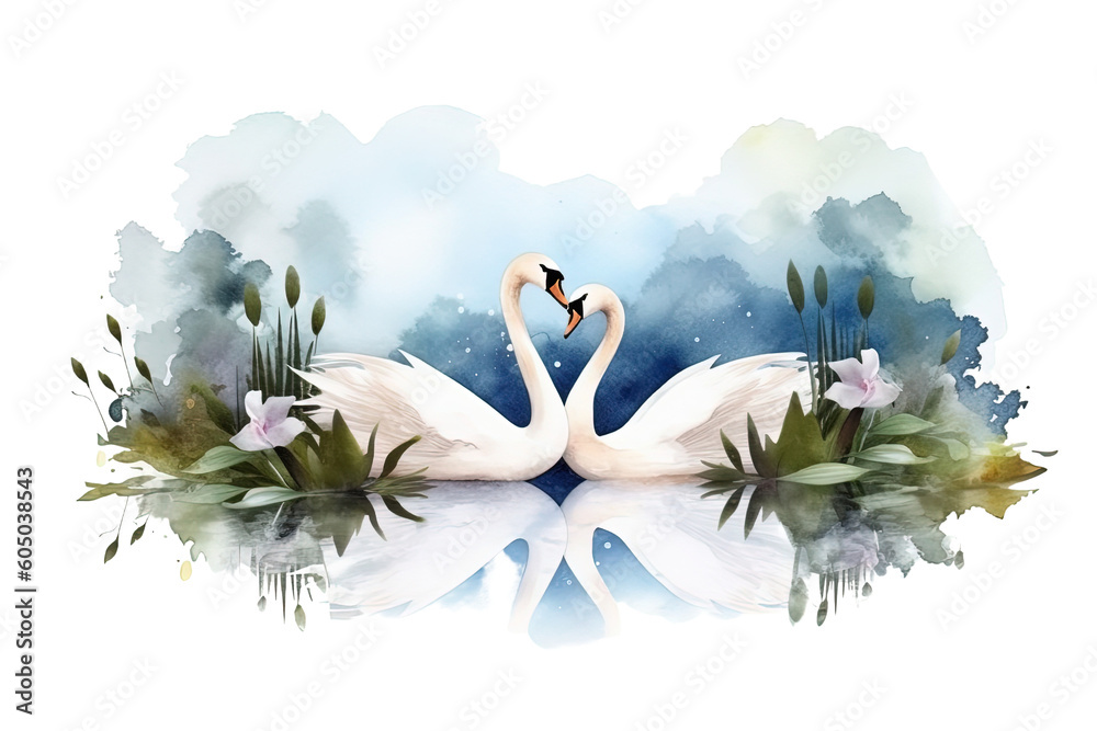 elegant swans on a serene pond as a frame border, copyspace, generative ...