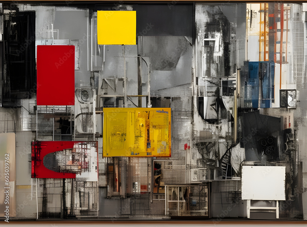 Abstract modern collage and mixed media themed painting with ...