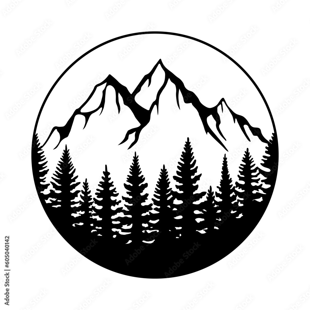 Forest and Mountain in a Circle, Pine Trees and Hills, Hand Drawn ...