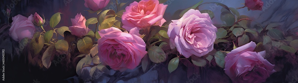 a bunch of beautiful roses with an etheriel essence, long horizontal ...