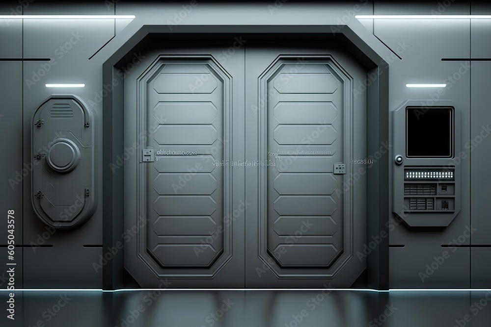 Futuristic metal sliding doors space cool dark glowing. Generative AI ...