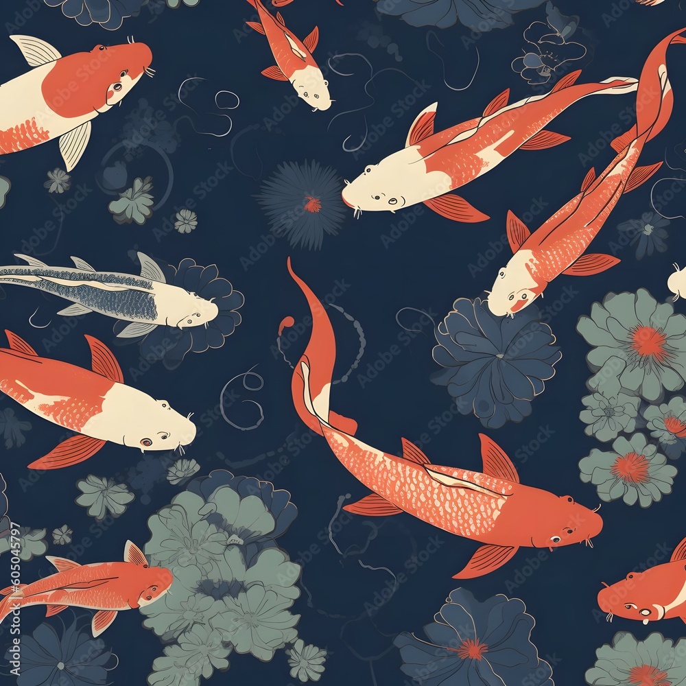 seamless illustration of Koi Pond - A minimalist design featuring a ...