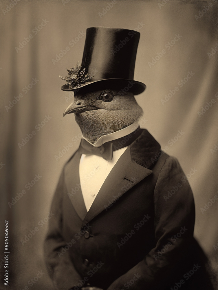 Antique Photo of a Pigeon Dressed as a Gentleman in a Suit and Top Hat ...