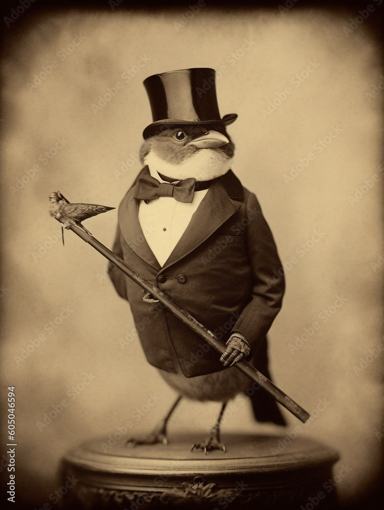 Antique Photo of a Sparrow Dressed as a Gentleman in a Suit and Top Hat ...