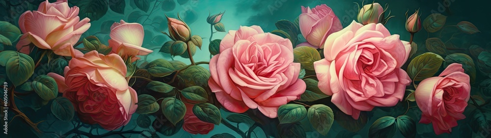 a bunch of beautiful roses with an etheriel essence, long horizontal ...