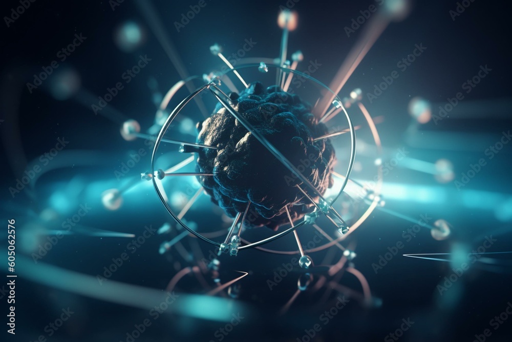Abstract illustration of an atom with spinning electrons and protons ...