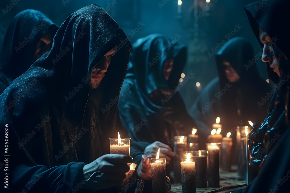 Ritual of medieval priests with candles in the temple. Neural network ...