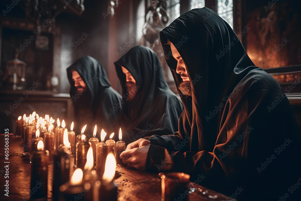 Ritual of medieval priests with candles in the temple. Neural network ...